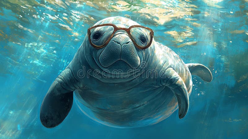 Manatee in Clear Float, Big Glasses, Oceanic Pool . Stock Image - Image ...