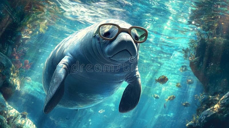 Manatee in Clear Float, Big Glasses, Oceanic Pool . Stock Image - Image ...