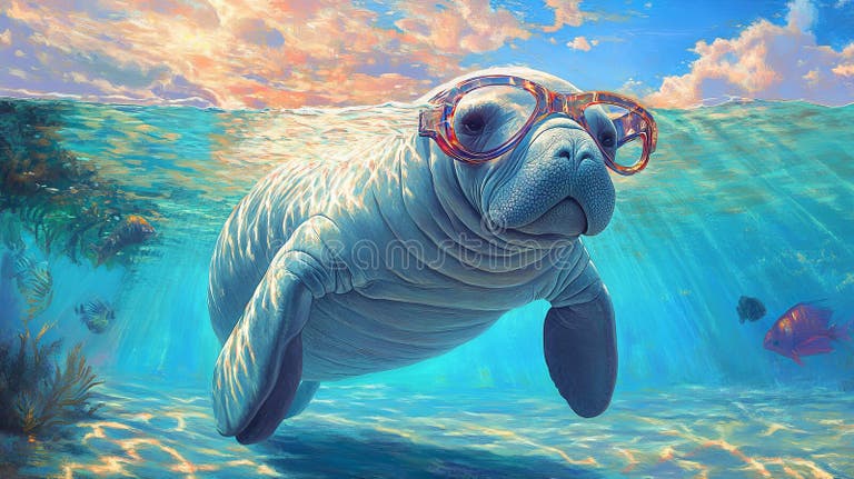 Manatee in Clear Float, Big Glasses, Oceanic Pool . Stock Photo - Image ...
