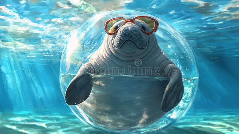 Manatee in Clear Float, Big Glasses, Oceanic Pool . Stock Image - Image ...