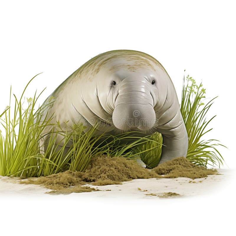 Manatee Resting among Greenery in Shallow Water with White Background ...