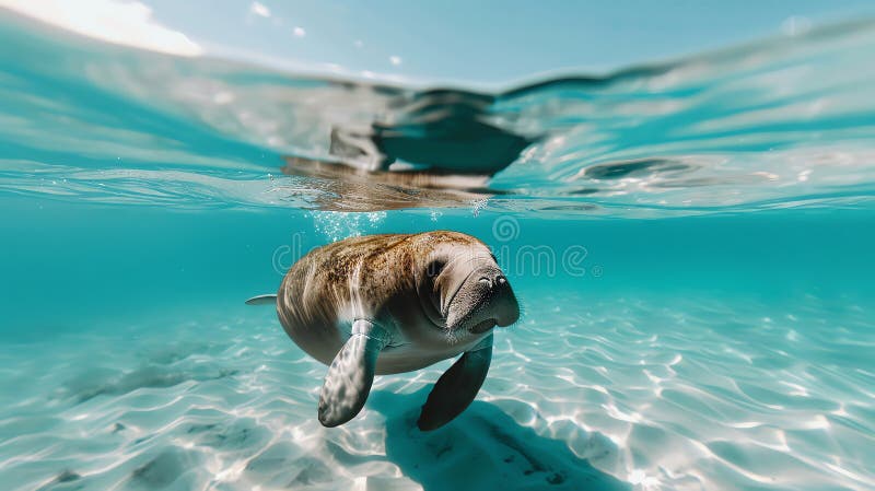 Manatee Sea Cow Animal Swimming on Clear Sea Stock Illustration ...