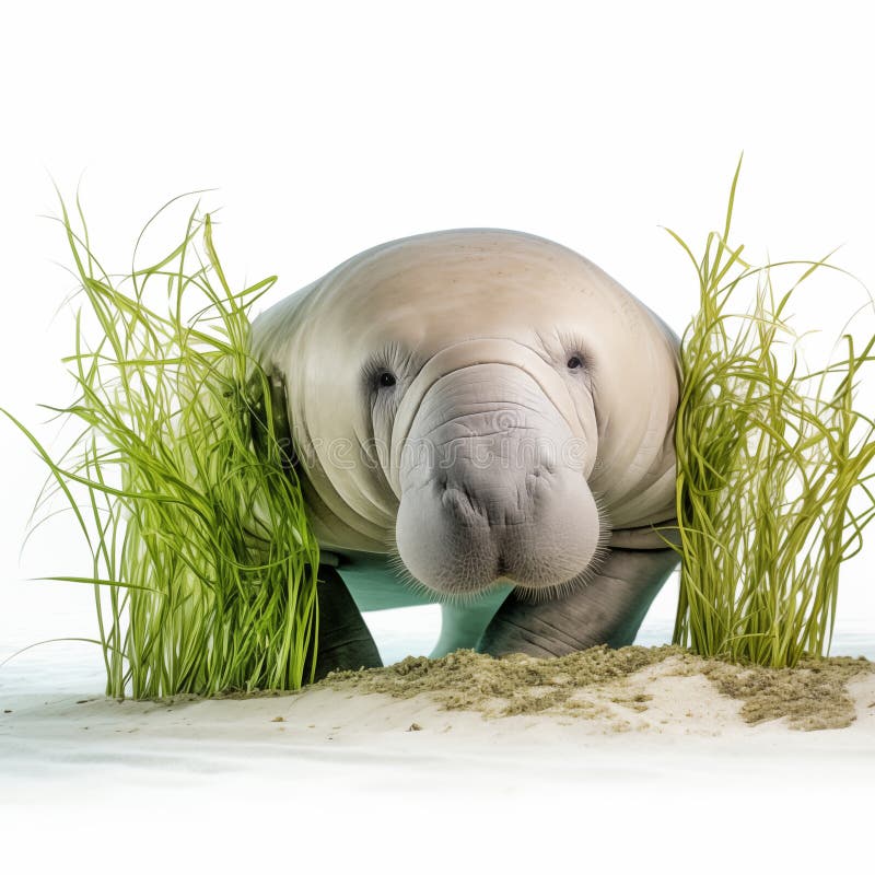 Manatee in Shallow Water Surrounded by Lush Green Plants Against White ...