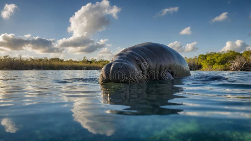 Serene Manatee Floating on Calm Water at Sunset, Peaceful Wildlife ...
