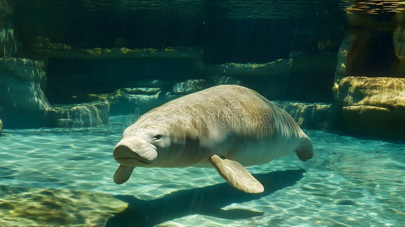 Manatee Swimming in Crystal Clear Water with Sun Rays Shining through ...