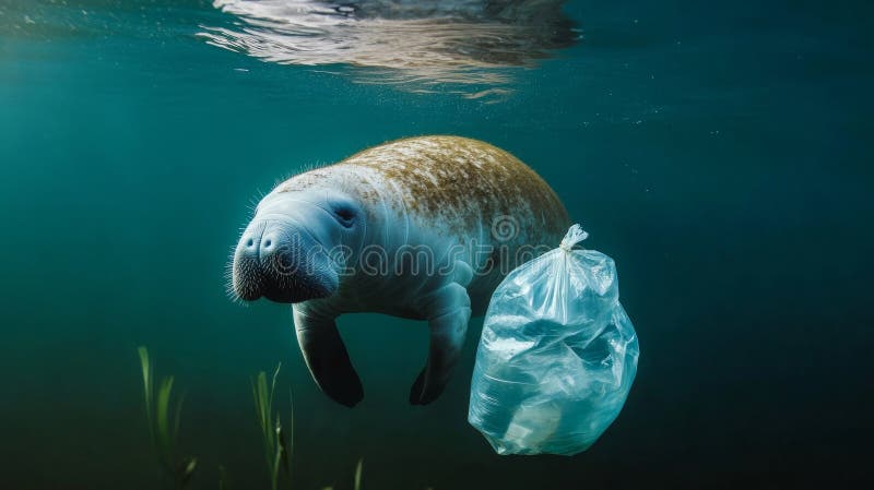 Manatee Swimming Underwater with Plastic Bag, Environmental ...