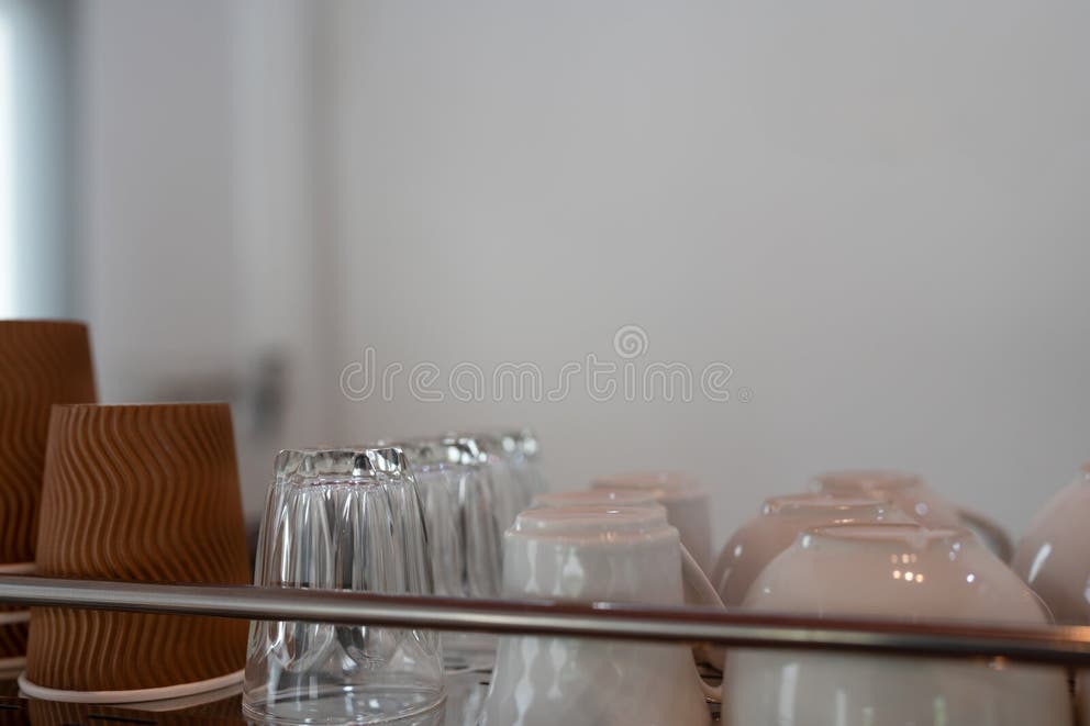 Manay Coffee Cup Stacking in Rows Above Coffee Machine Stock Photo ...