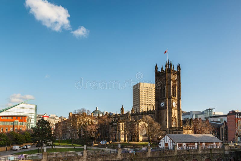 Manchester Cathedral UK stock photo. Image of flag, landmark - 101583000
