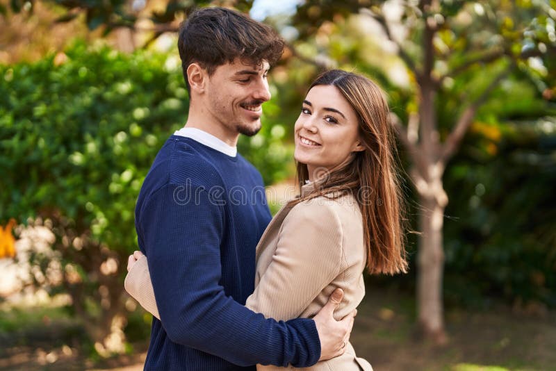 Mand And Woman Couple Hugging Each Other At Park Stock Image Image Of