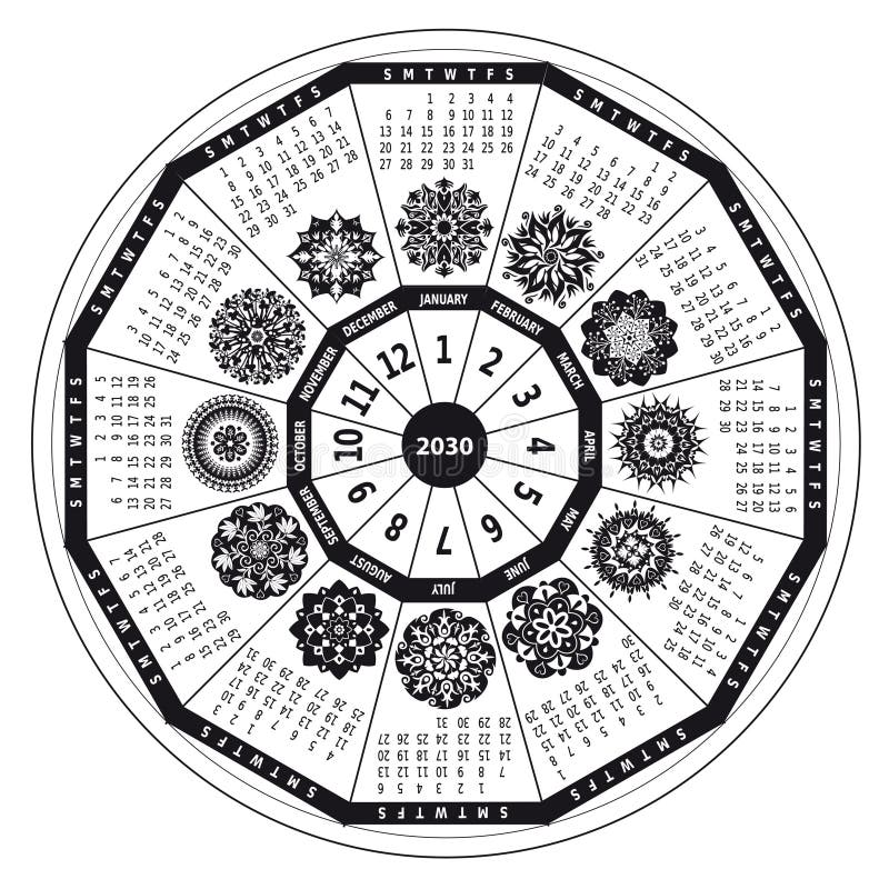 2030 Calendar with Mandalas in Rainbow Colors - 12 Months Wheel Black ...