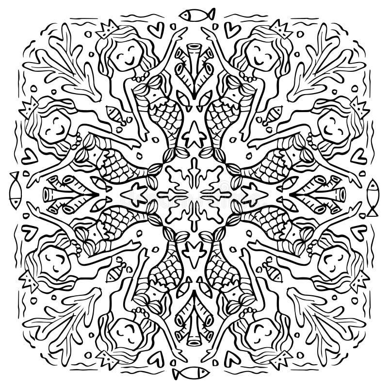 Mermaid and Mandala with Undersea Life Illustration Doodle Seamless ...