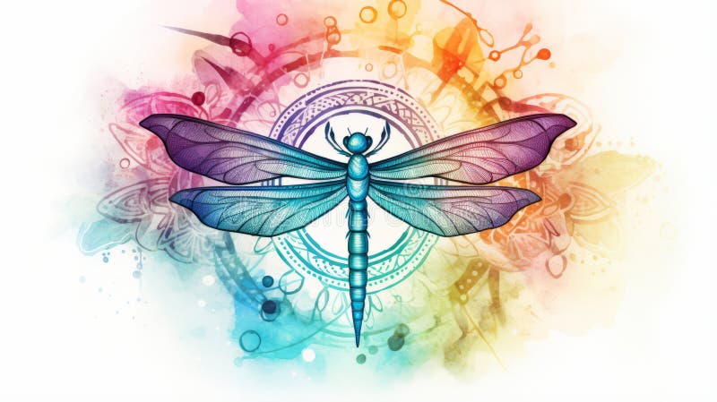 A Mandala with a Dragonfly and Watercolor Effects Stock Illustration - Illustration of wings ...