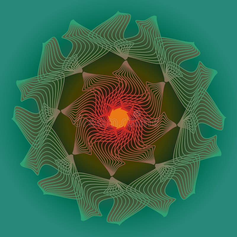 CIRCULAR MANDALA. PLAIN GREEN BACKGROUND. LINEAR DESIGN in GREEN, RED ...