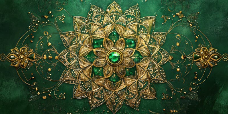 Mandala with Gemstone Elements on Emerald Background with Gold Stock ...