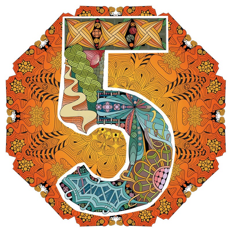 Mandala with Numero Five. Vector Decorative Zentangle Stock Vector ...