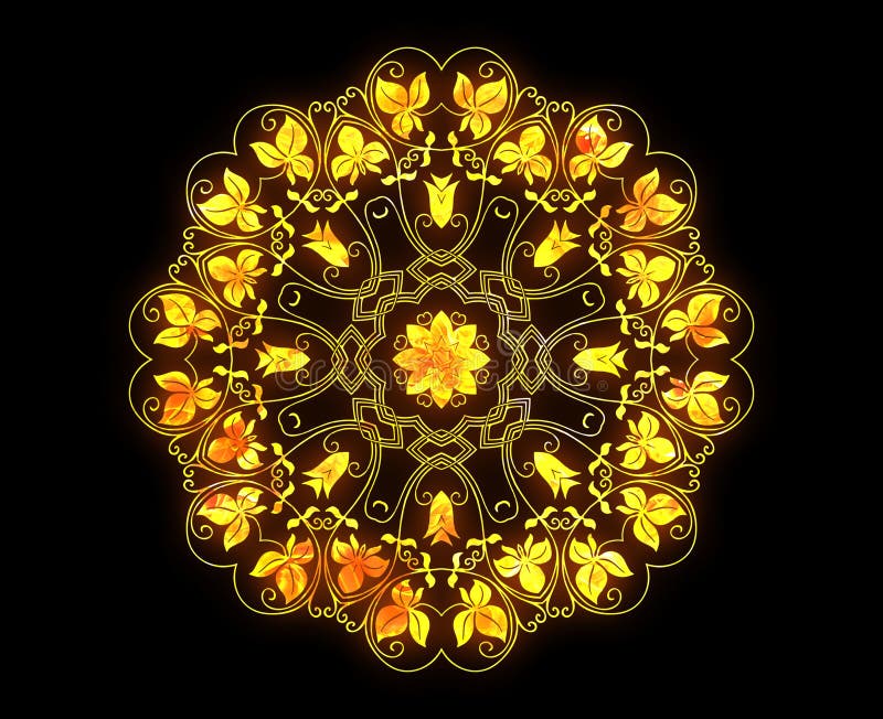 Mandala Outline with a Bright Fire Pattern Isolated on a Black ...