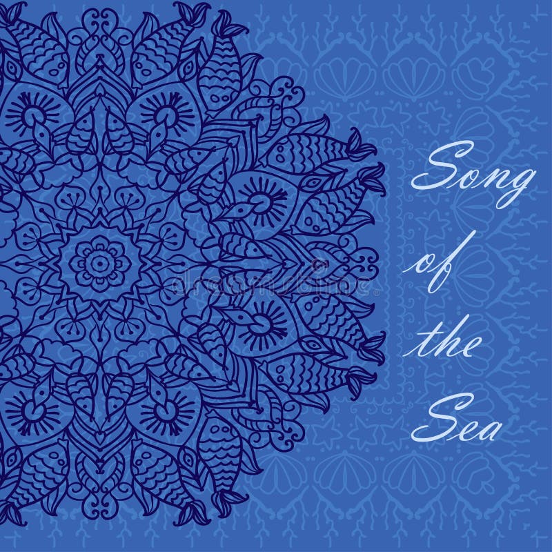 Mandala Patterned Blue Background on the Marine Theme with Shells, Fish ...