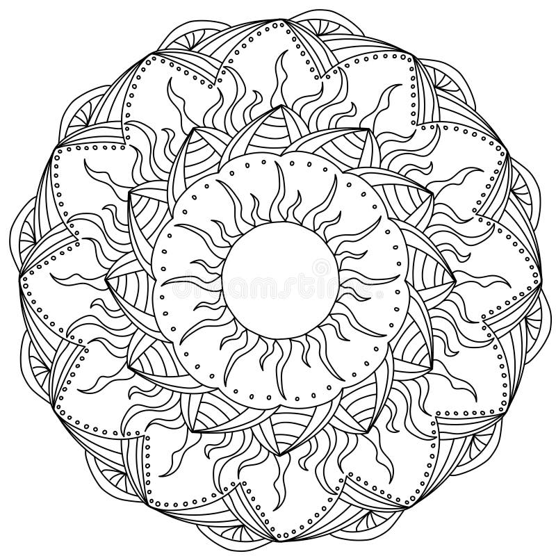 Mandala with Sun, Sunny Coloring Page with Ornate Patterns and Rays ...