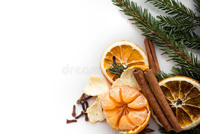 Mandarin with Cinnamon on the Christmas Tree Background. Copy Space ...