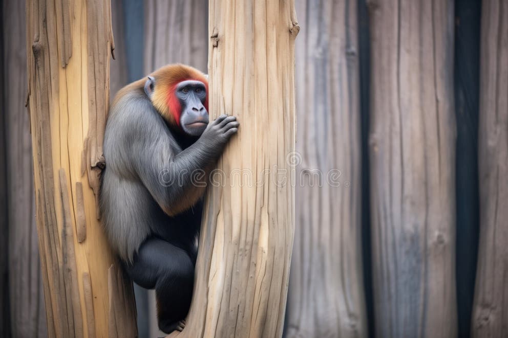 Mandrill Climbing a Tree Trunk with Visible Bark Texture Stock ...
