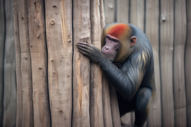 Mandrill Climbing a Tree Trunk with Visible Bark Texture Stock ...