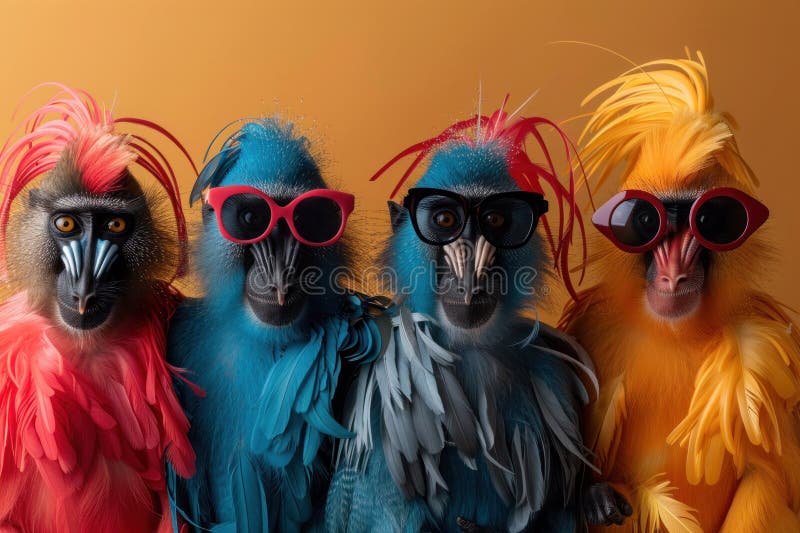 Mandrill Group in Fashionable Outfits, Isolated on Solid Background ...