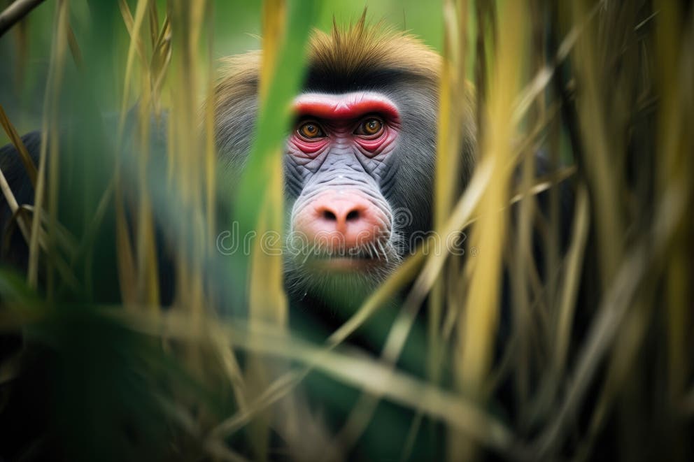 Mandrill Peering through Dense Forest Underbrush Stock Illustration ...