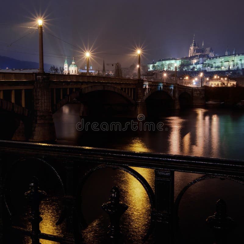 Manes Bridge and Prague Castle at Night Stock Photo - Image of europe ...