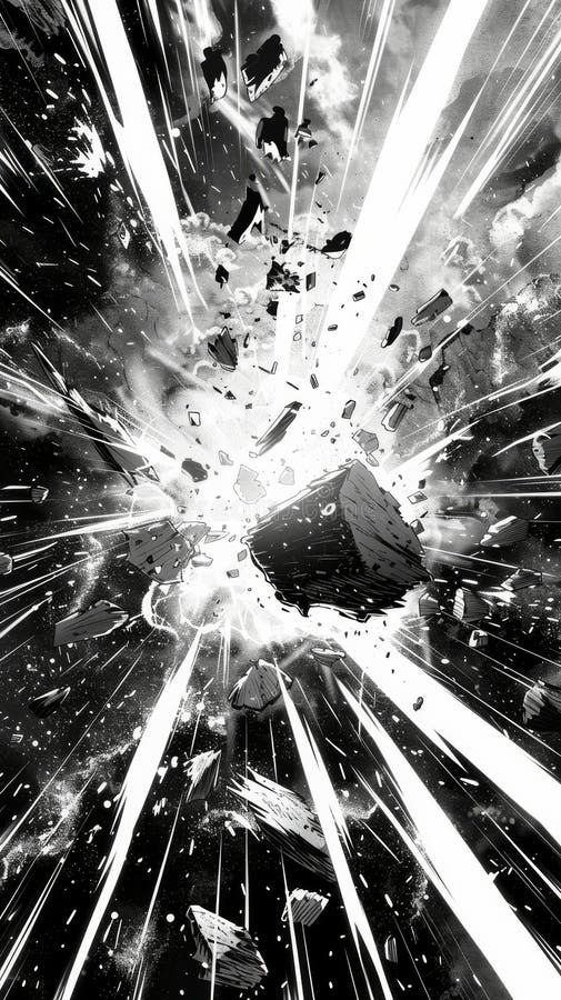 Manga Explosion Scene with Debris Falling through Space, Dynamic Black and White Illustration ...