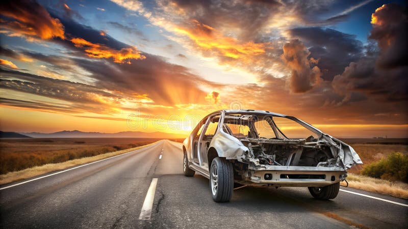 A Mangled Car Wreck on a Deserted Highway, Bathed in the Harsh Glare of ...