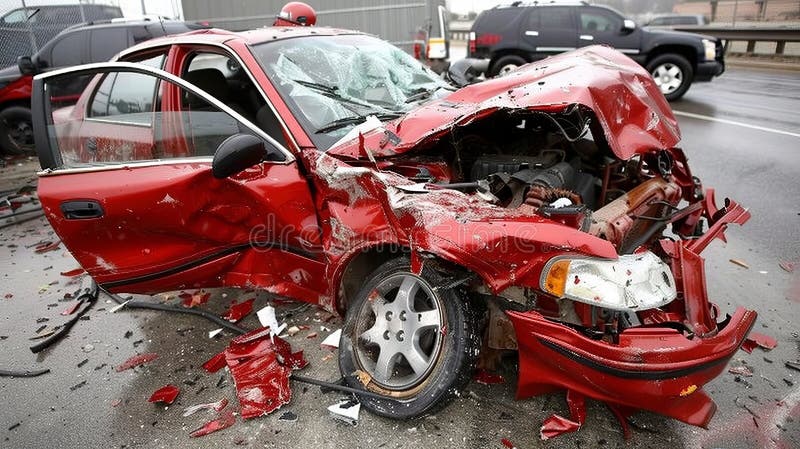 The Mangled Red Wreck of a Severely Damaged Car after Being Involved in ...