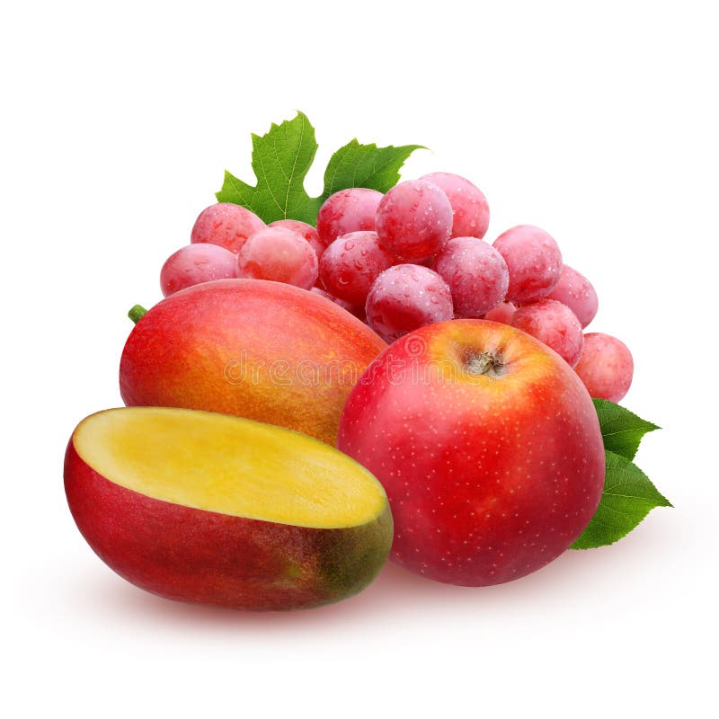 Red Apple, Ripe Mango and Grapes Isolated on White Background Stock ...