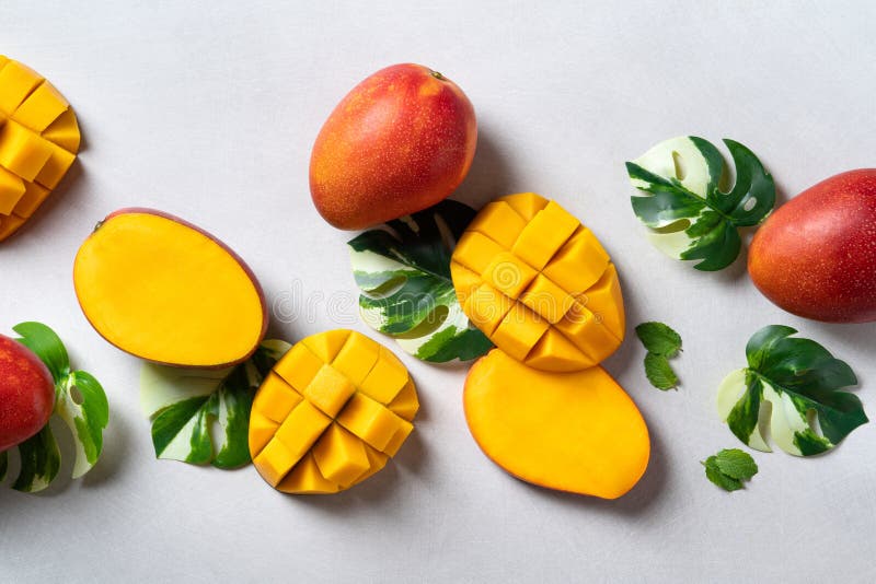 Mango Background Design Concept. Top View Diced Fresh Mango Fruit on ...