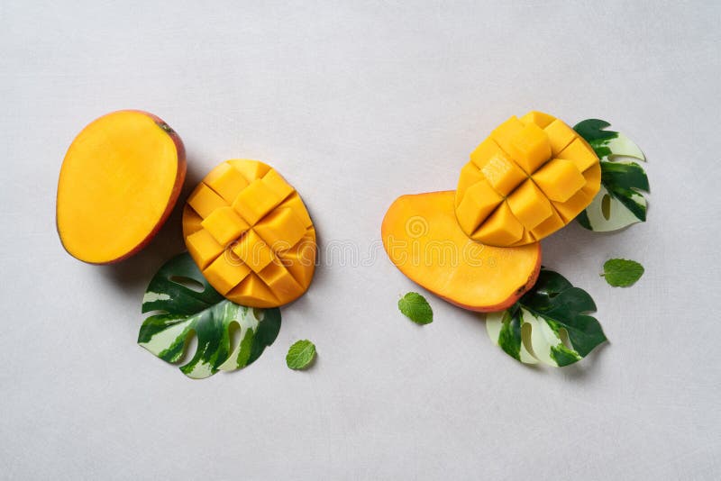 Mango Background Design Concept Top View Diced Fresh Mango Fruit On