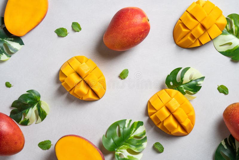 Mango Background Design Concept. Top View Diced Fresh Mango Fruit on ...