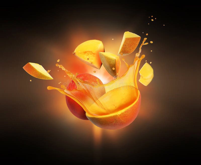 Mango Broken into Pieces with Splashes of Juice in the Dark Stock Image ...