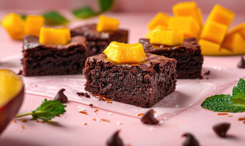 Mango and Caramel Brownies on a Pale Pink Backdrop Stock Image - Image ...