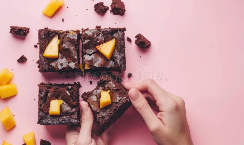 Mango and Caramel Brownies on a Pale Pink Backdrop Stock Photo - Image ...
