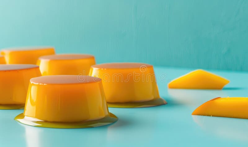 Mango and Caramel Flan on a Pastel Blue Background Stock Image - Image ...