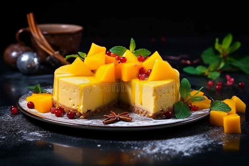 A Mango Cheesecake with a Blur Background Stock Illustration ...