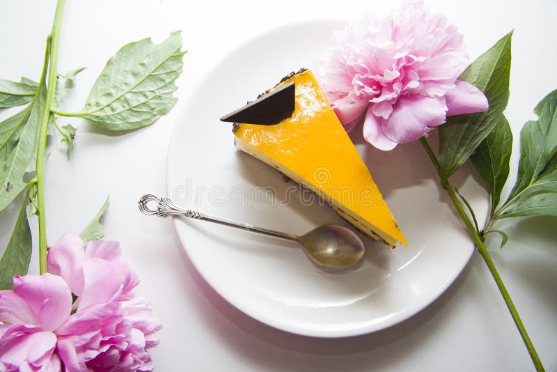 Mango Cheesecake Decorated with Flowers 6 Stock Image - Image of flower ...