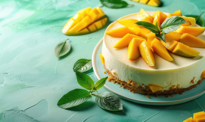 Mango Cheesecake on a Pale Green Backdrop Stock Image - Image of dish ...