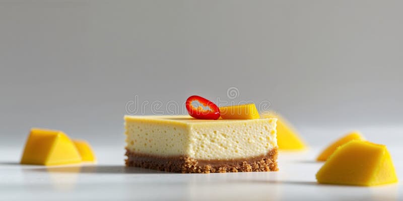 Mango Cheesecake Slice with Chili Garnish and Fresh Mango Cubes Stock ...