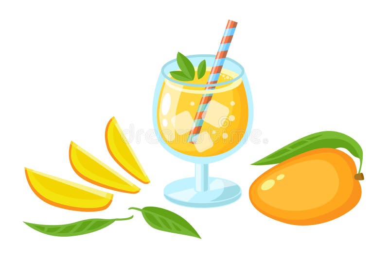 Mango Cocktail, Slice, Whole with Leaf and Pieces Set Isolated on White ...