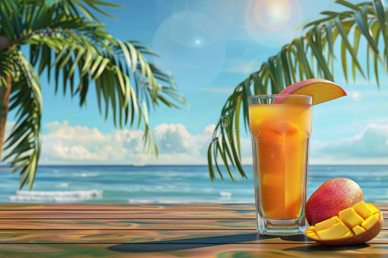 Mango Cocktail on a Wooden Table on a Sandy Beach, a Cooling Summer ...