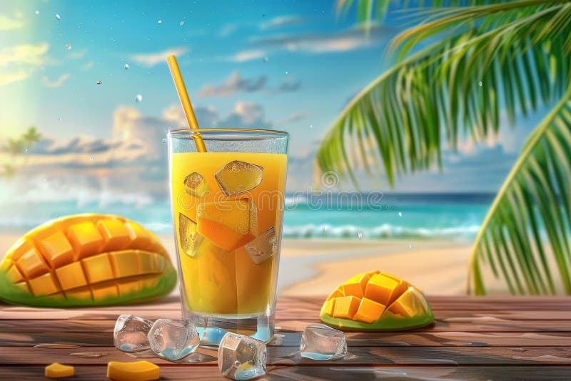 Mango Cocktail on a Wooden Table on a Sandy Beach, a Cooling Summer ...