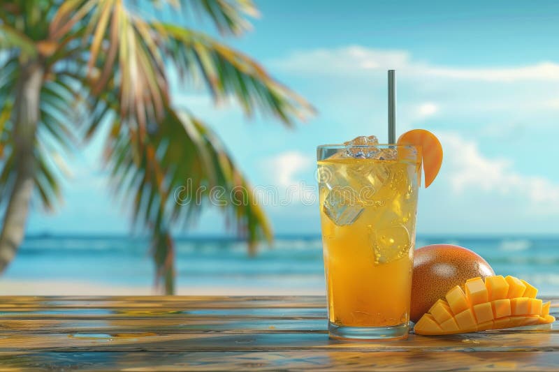 Mango Cocktail on a Wooden Table on a Sandy Beach, a Cooling Summer ...