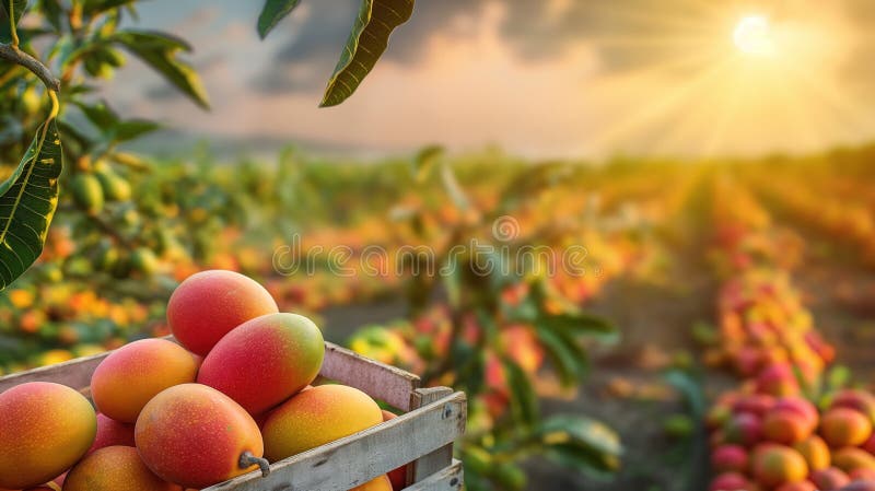 Mango on a Crate with Mango Trees Field Background Stock Illustration ...