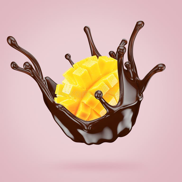 Mango Cube Slices in Chocolate Splash on a Light Pinkbackground Stock ...