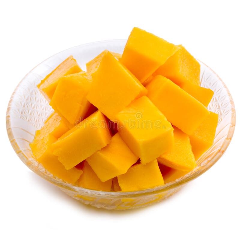 Mango Cubes in the Dish / Slices Close Up Isolated on White / Ma Stock ...
